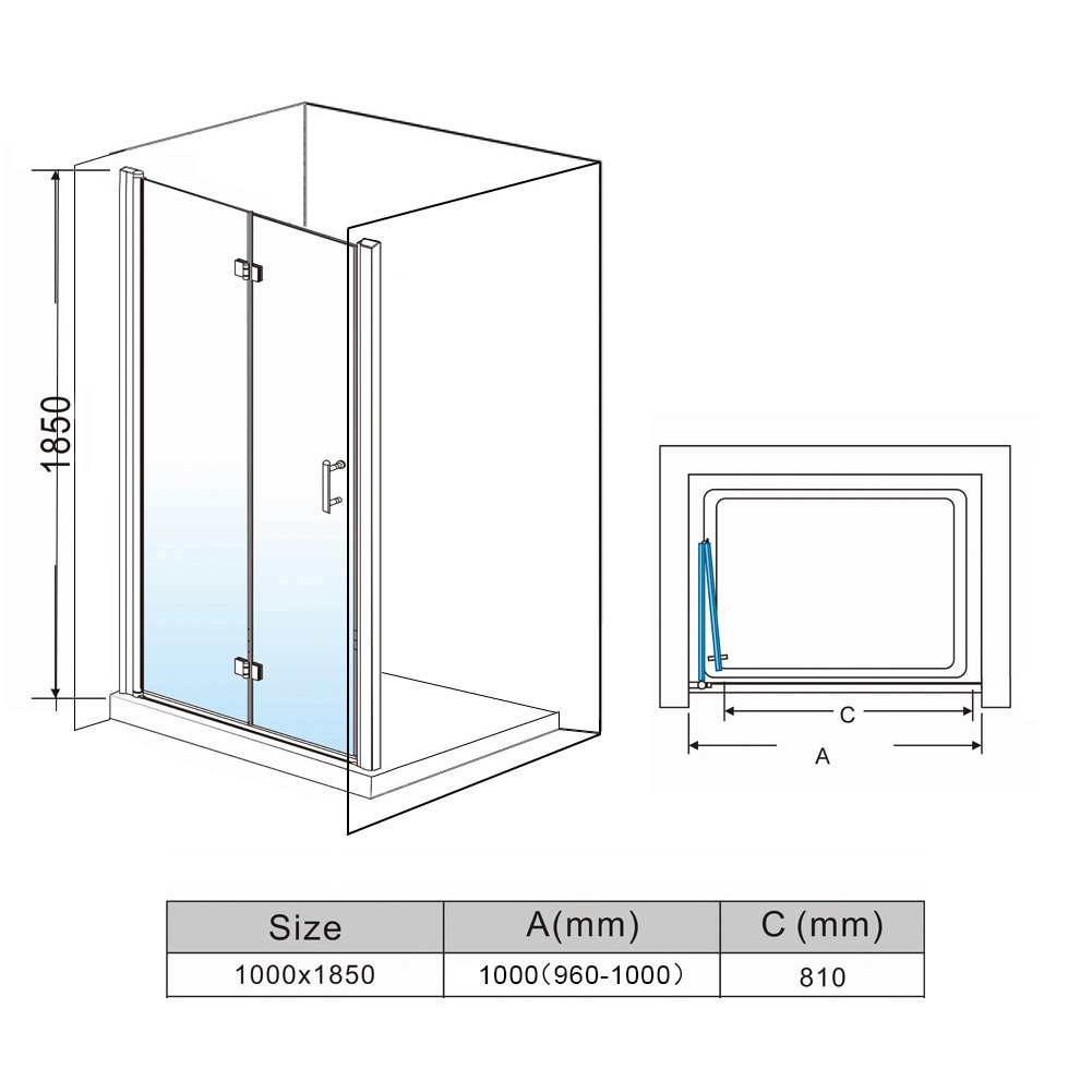 ELEGANT Bi Fold Shower Door 1000mm Bi Fold Shower Enclosure Inwards opening Space Saving Shower Door