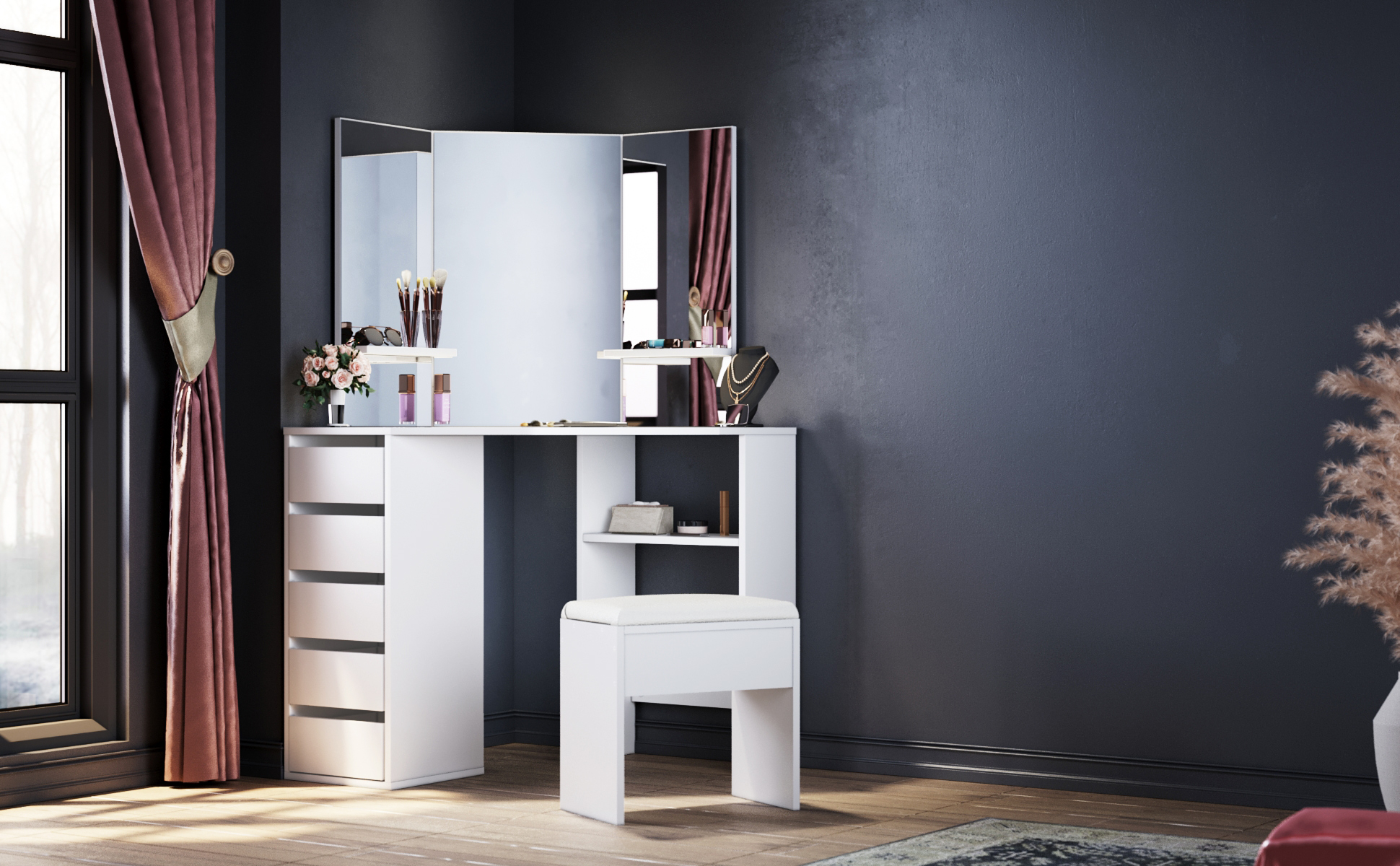 ELEGANT Makeup Corner Dressing Table with Mirror, 5 Drawers for Storage ...