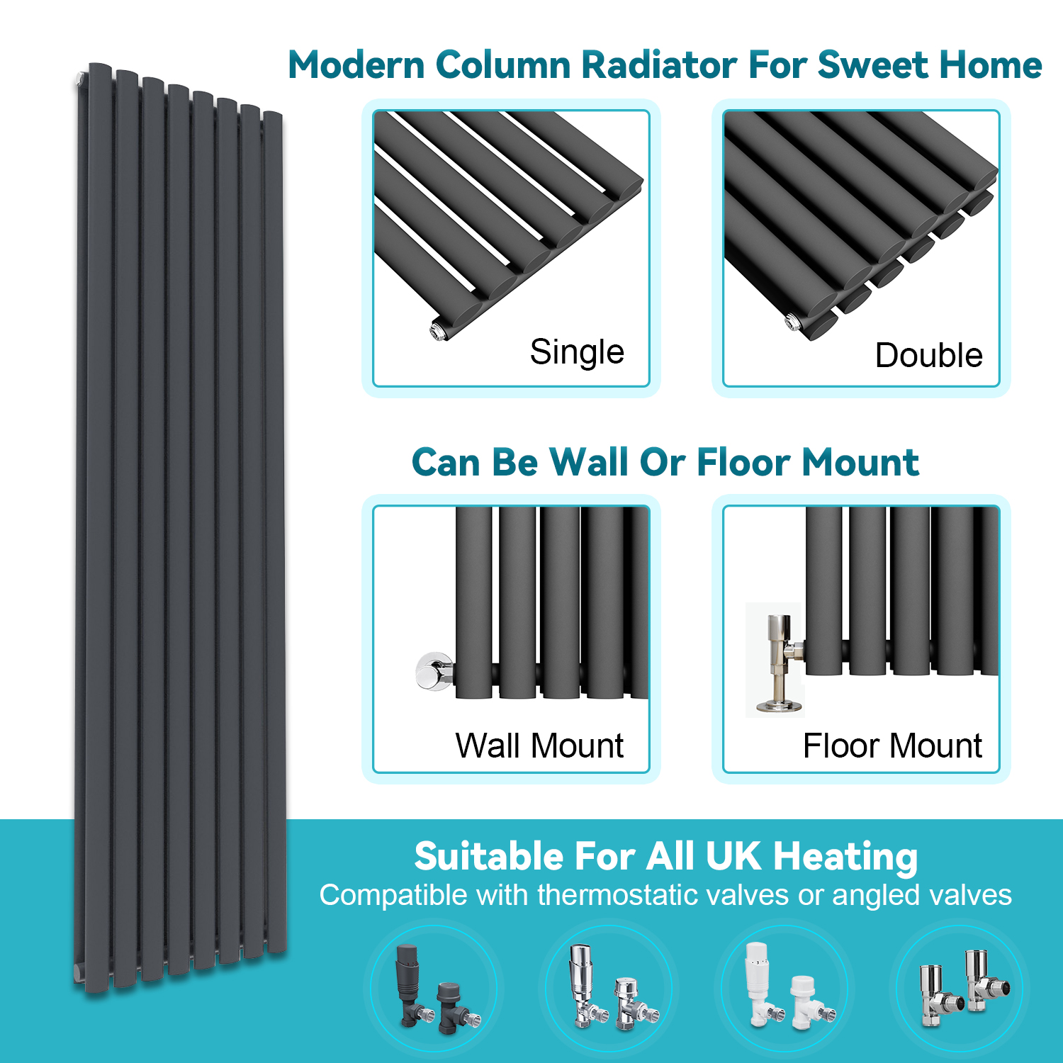 ELEGANT 1800 x 480 Anthracite Vertical Radiator Double Modern Oval ...
