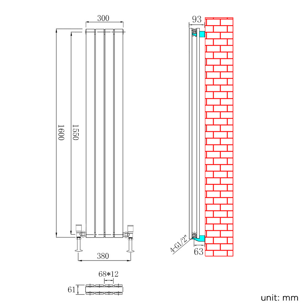 ELEGANT 1600 x 300 mm White Vertical Column Radiator Double Flat Panel ...